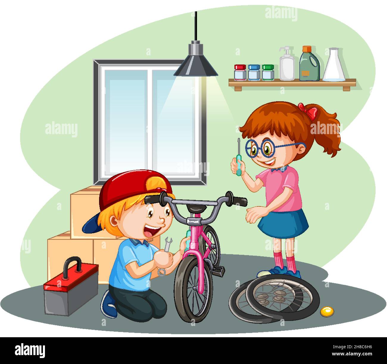 Children fixing a bicycle together illustration Stock Vector Image ...