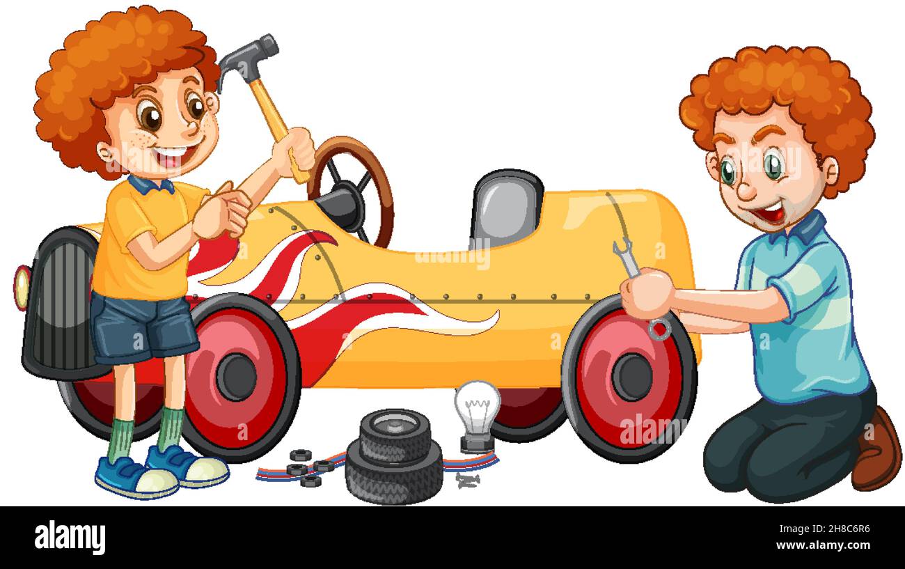 Children repairing a car together illustration Stock Vector Image & Art ...