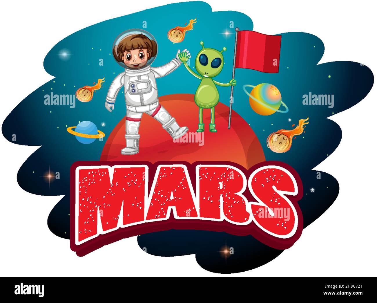 Mars word logo design with astronaut kid and alien illustration Stock ...