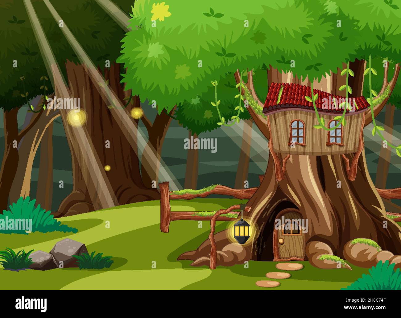 Fantasy forest background with hollow tree illustration Stock Vector ...