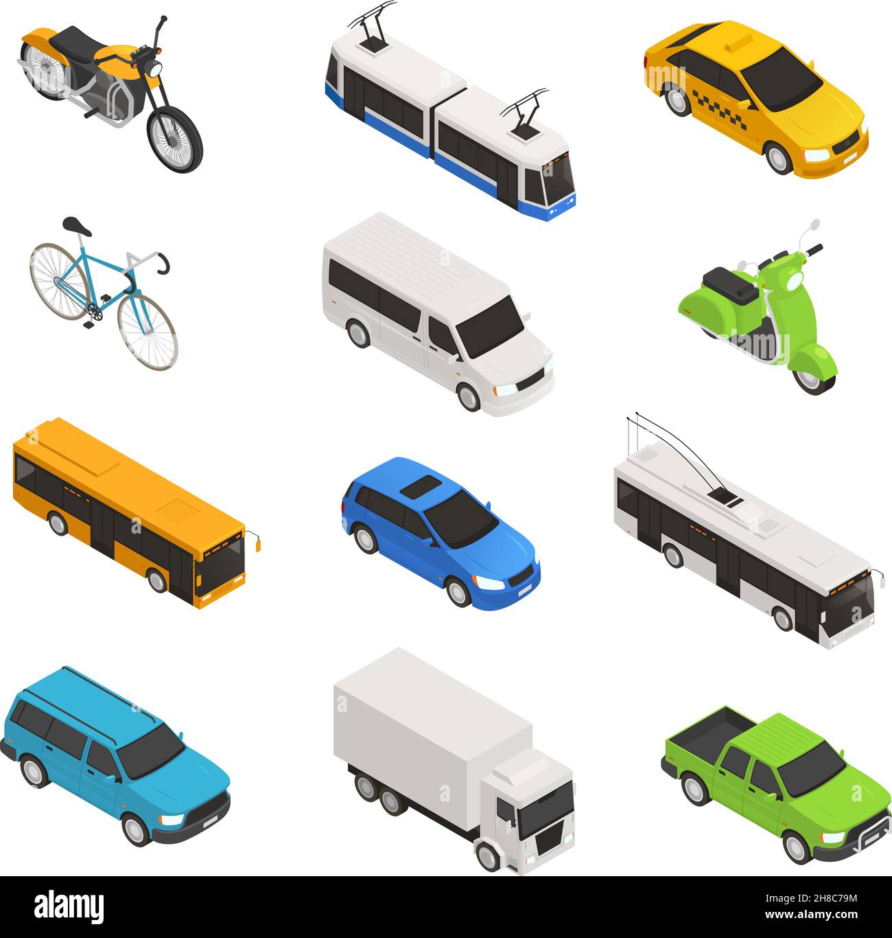 City transport isometric icon set with different isolated taxi bus bike ...