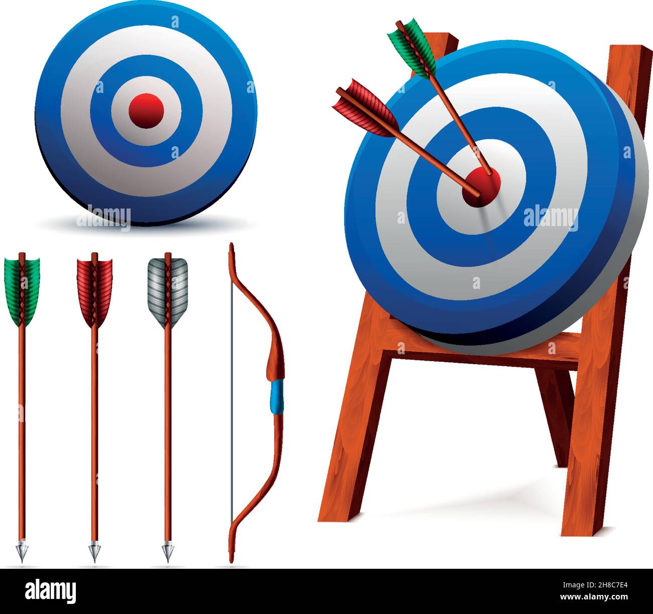 Set of realistic white blue targets and archery equipment including bow ...