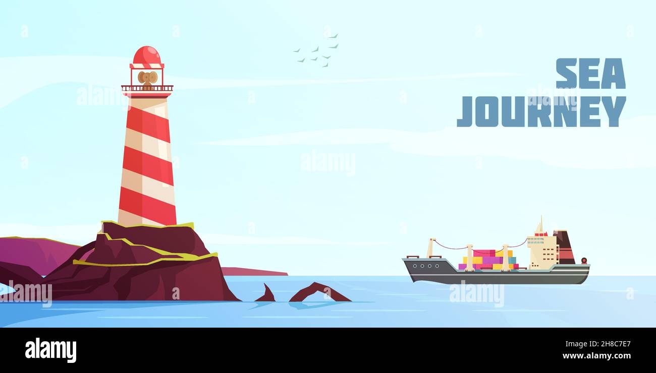 Nautical background with cargo ship and lighthouse cartoon vector ...