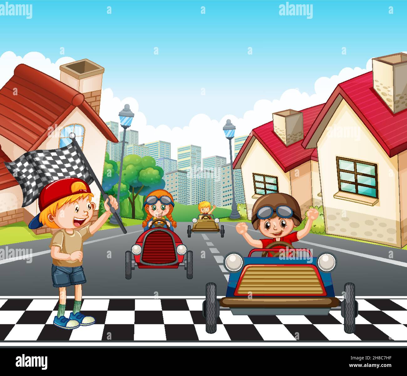 Outdoor scene with children racing car illustration Stock Vector Image ...
