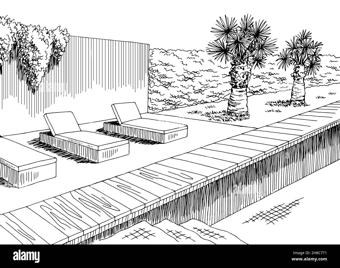 Swimming pool graphic black white landscape sketch illustration vector ...