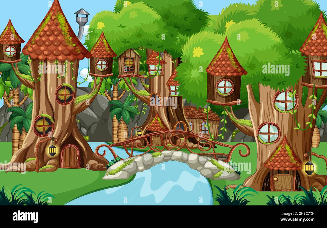 Fantasy forest scene with hollow tree house illustration Stock Vector ...