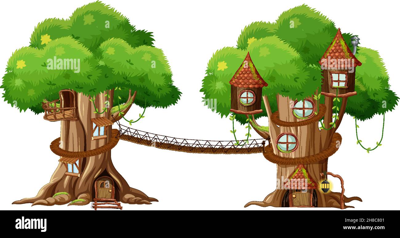 Two treehouses with rope bridge illustration Stock Vector Image & Art ...