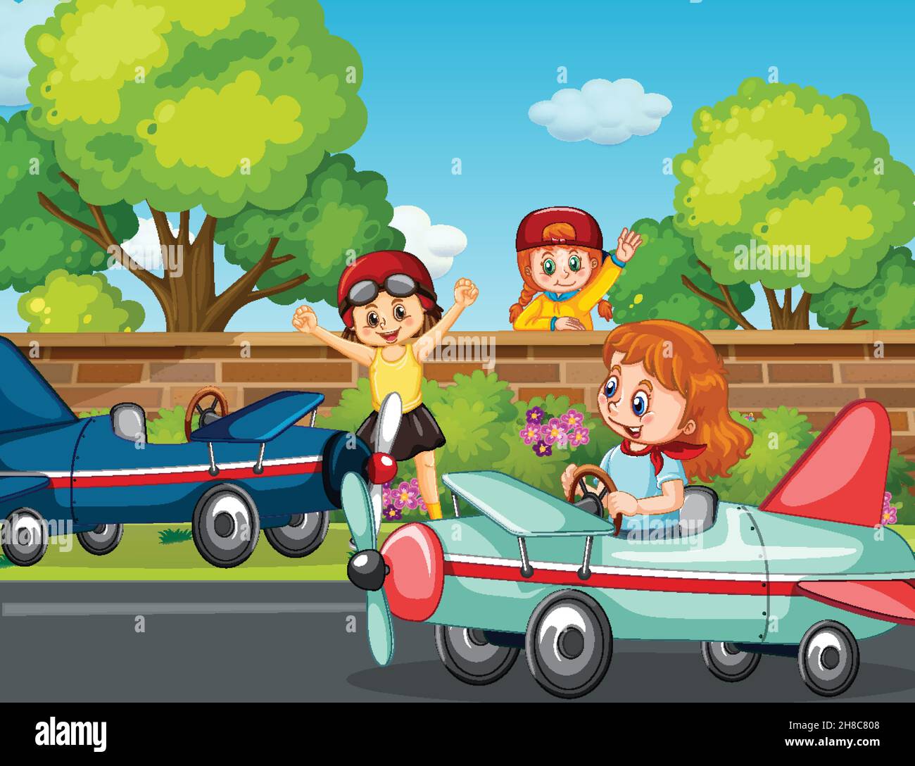 Outdoor scene with children racing car illustration Stock Vector Image ...