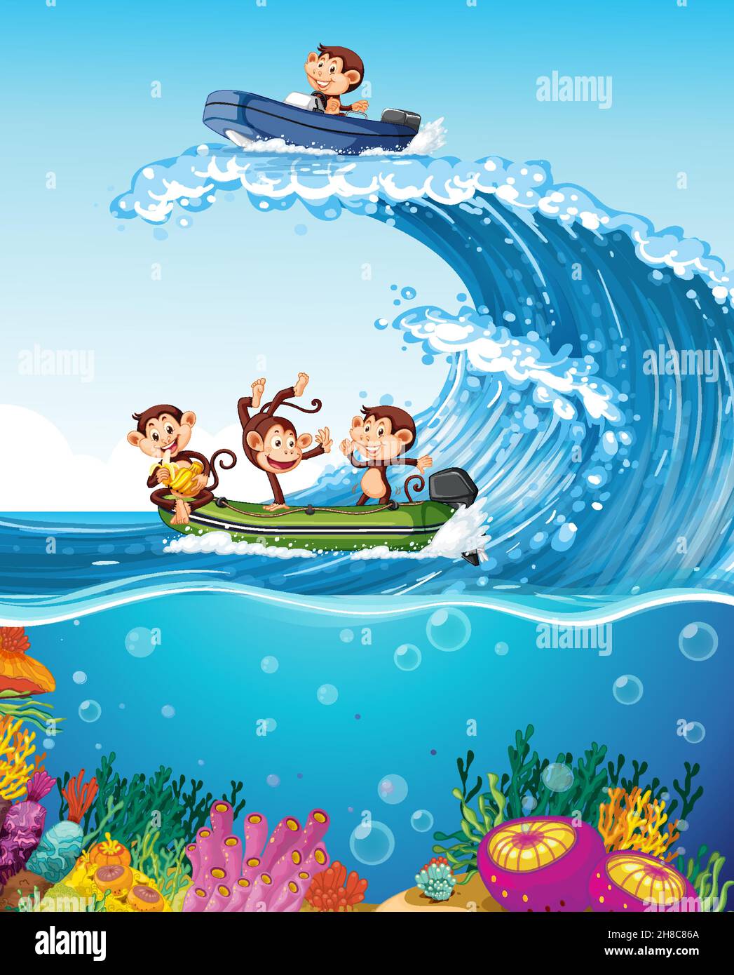 Little monkeys on a boat with ocean wave illustration Stock Vector ...