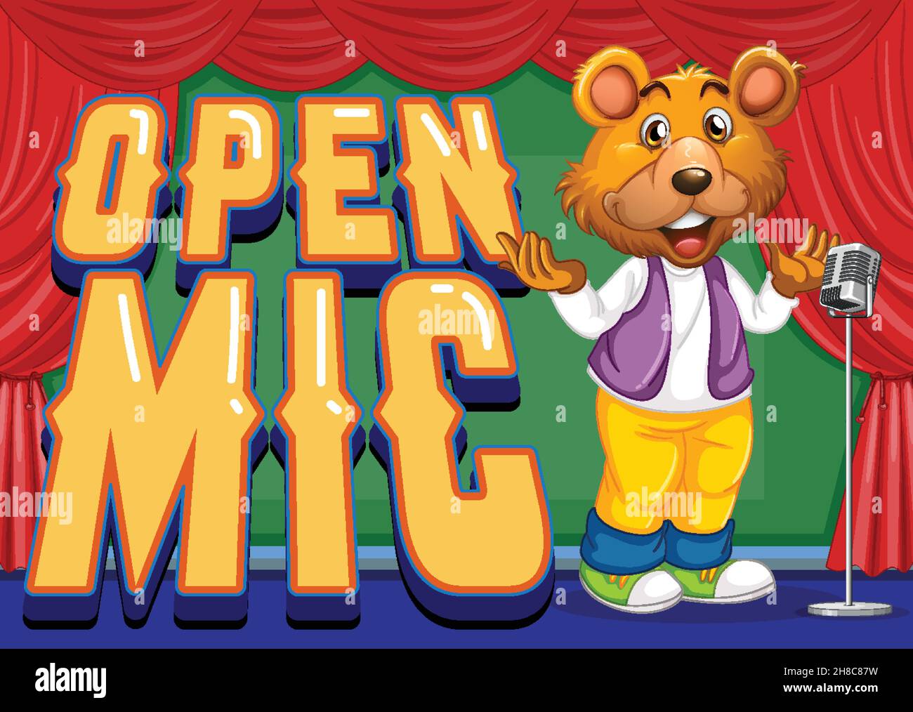 Open Mic Banner Design With Bear Cartoon Performing Singing ...