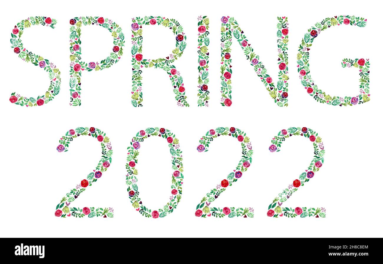 Watercolor floral text season spring 2022. Hand draw flowers in letters ...