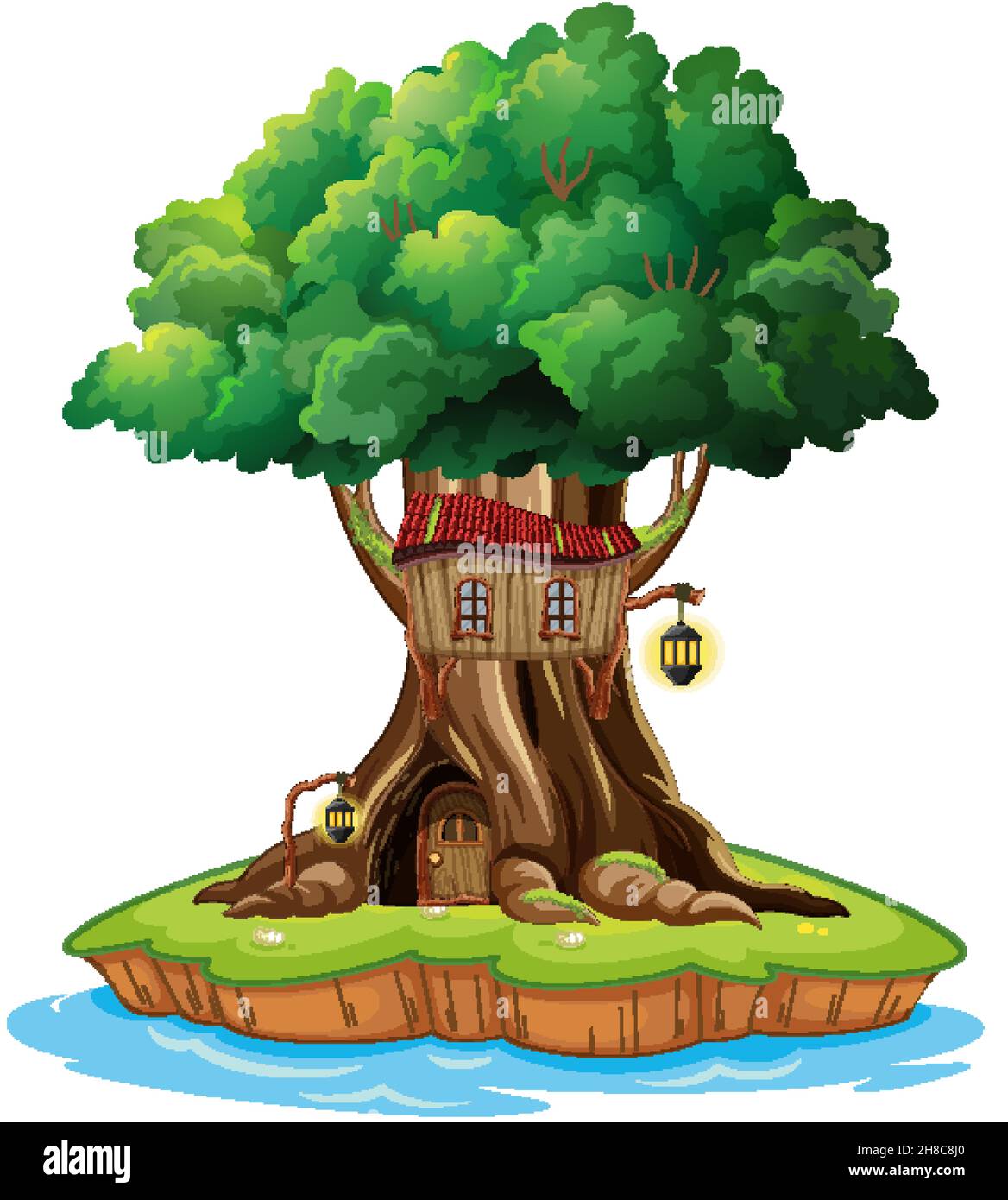 Fantasy tree house inside tree trunk on white background illustration ...