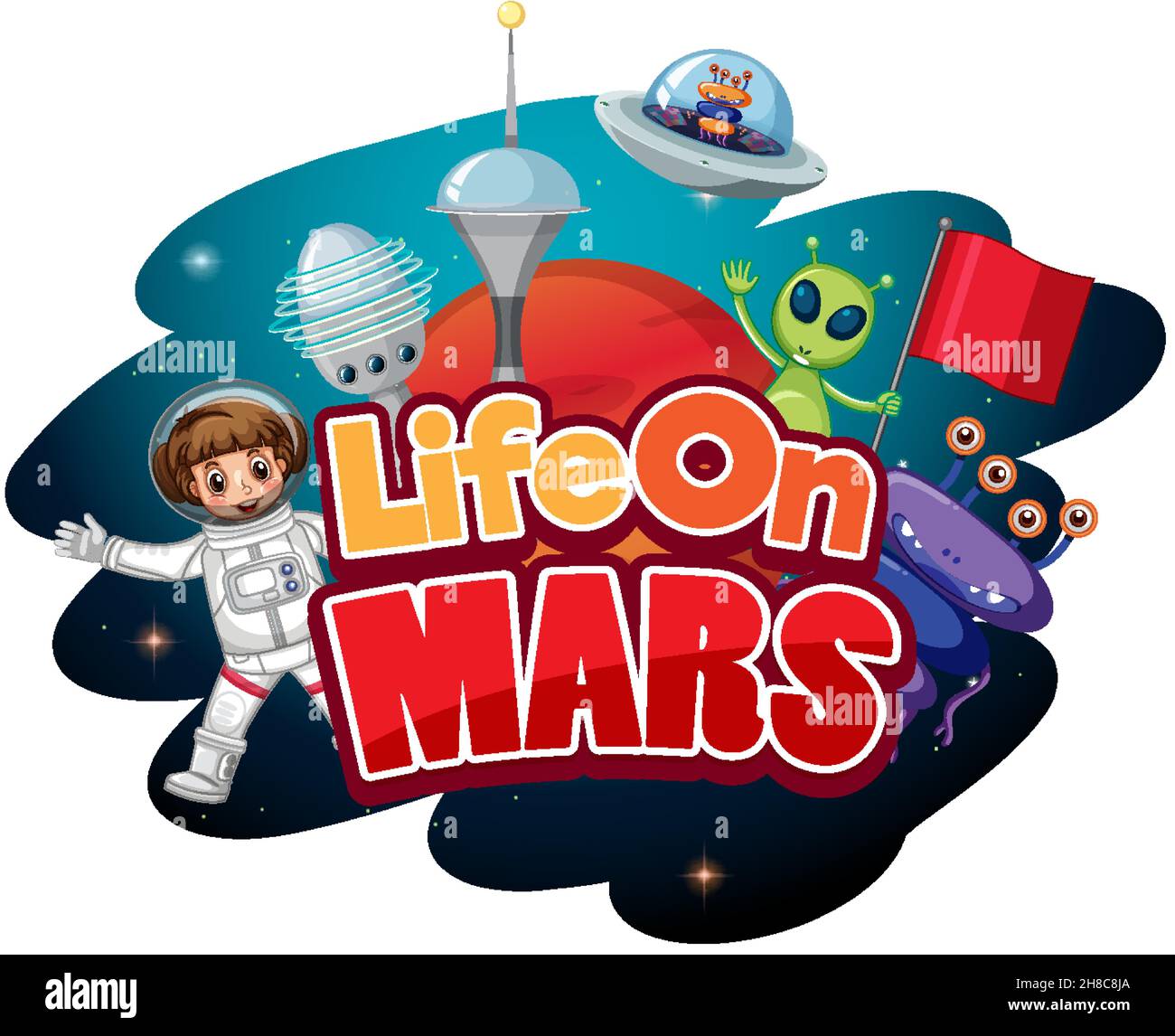 Life on Mars word logo design with astronaut and alien illustration ...