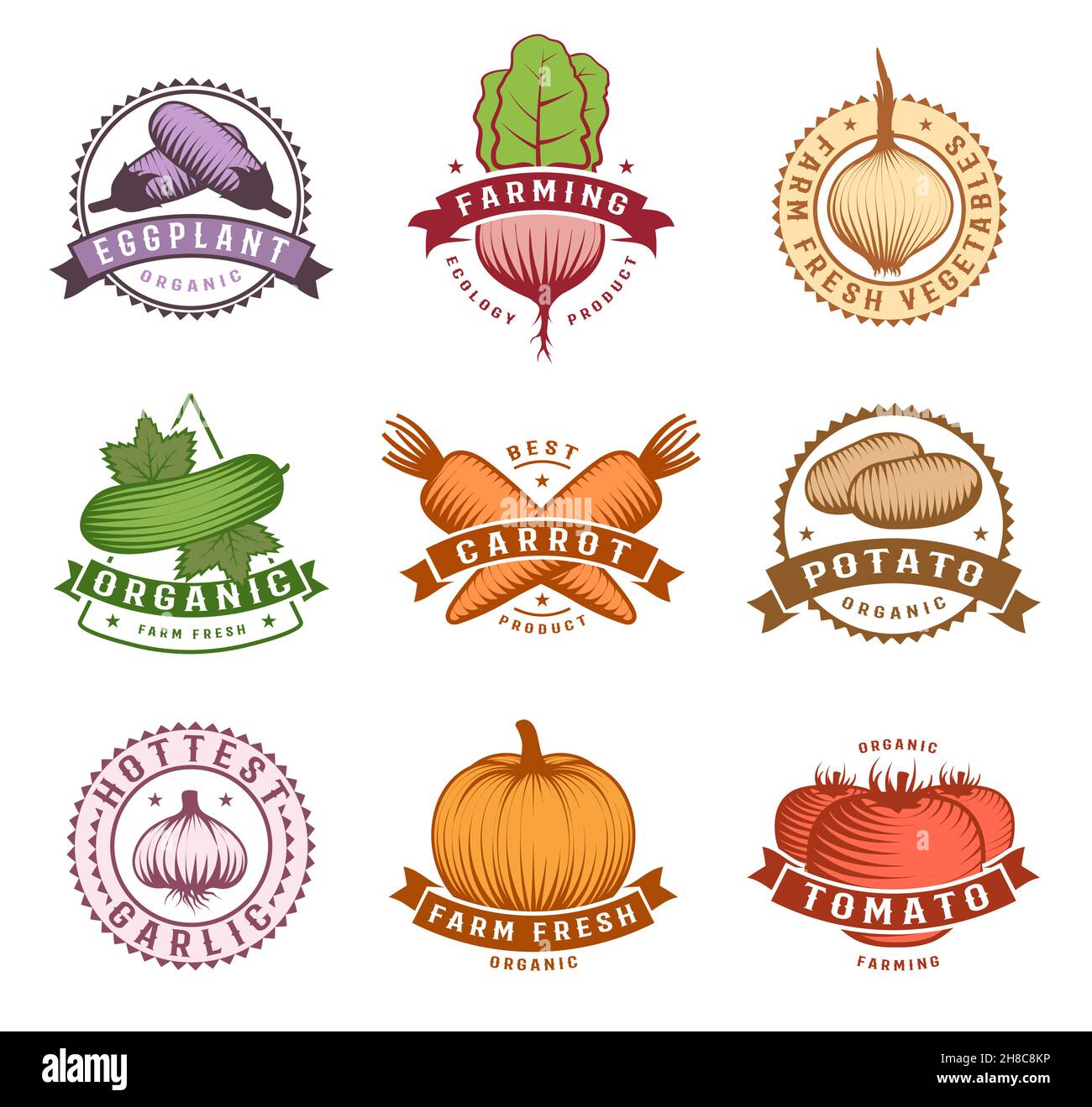 Vegetables colorful labels set with potato pumpkin and cucumber beet ...