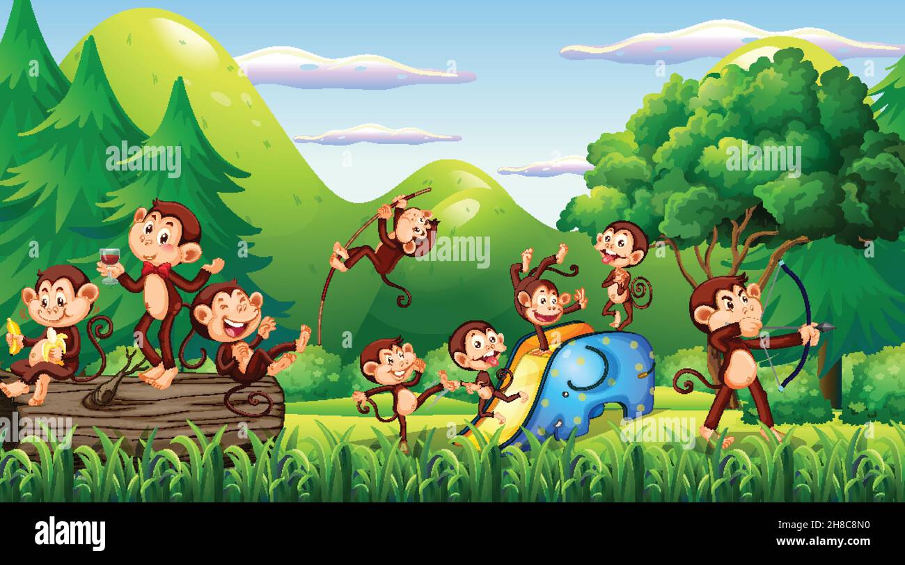 Forest scene with funny monkeys cartoon illustration Stock Vector Image ...