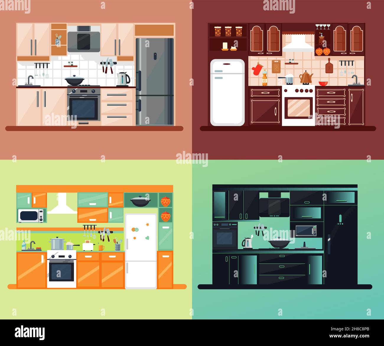 Kitchen interior square composition with different kinds of design and ...