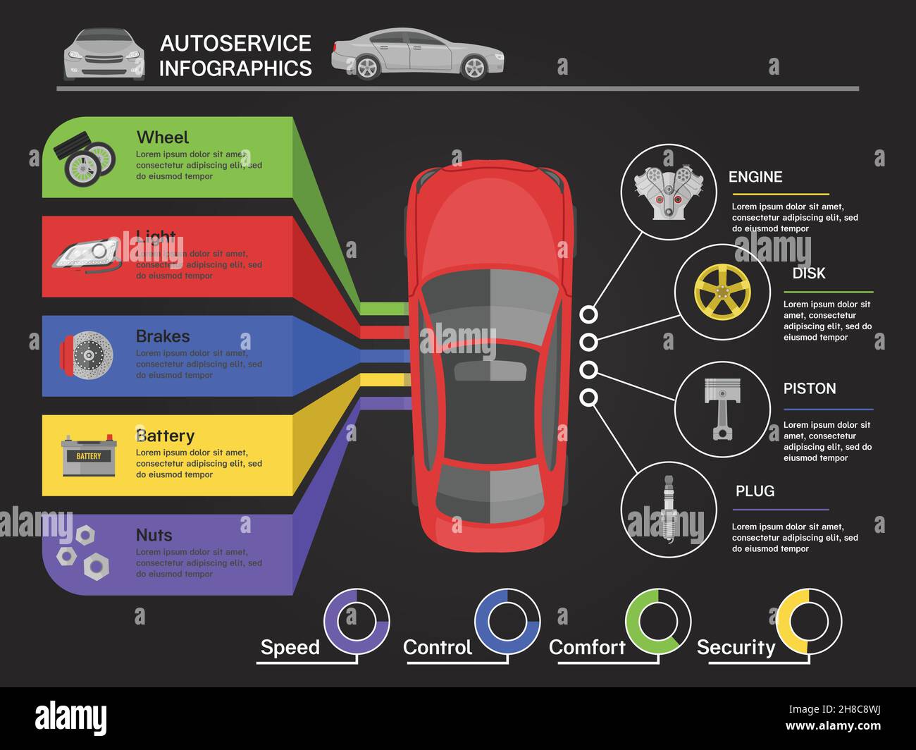 Auto service infographics with car of view from top machine details ...