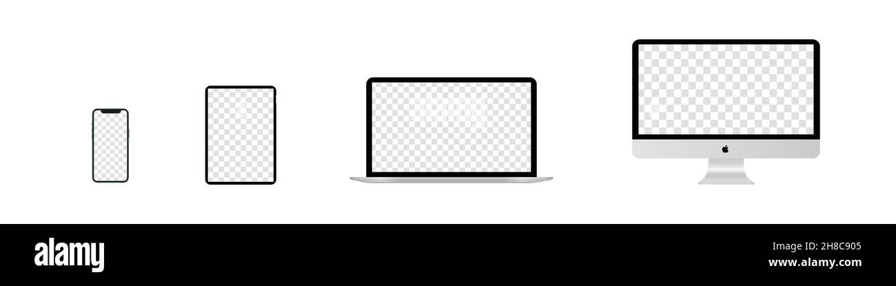 Device screen mockup. Smartphone, tablet, laptop and monoblock monitor ...