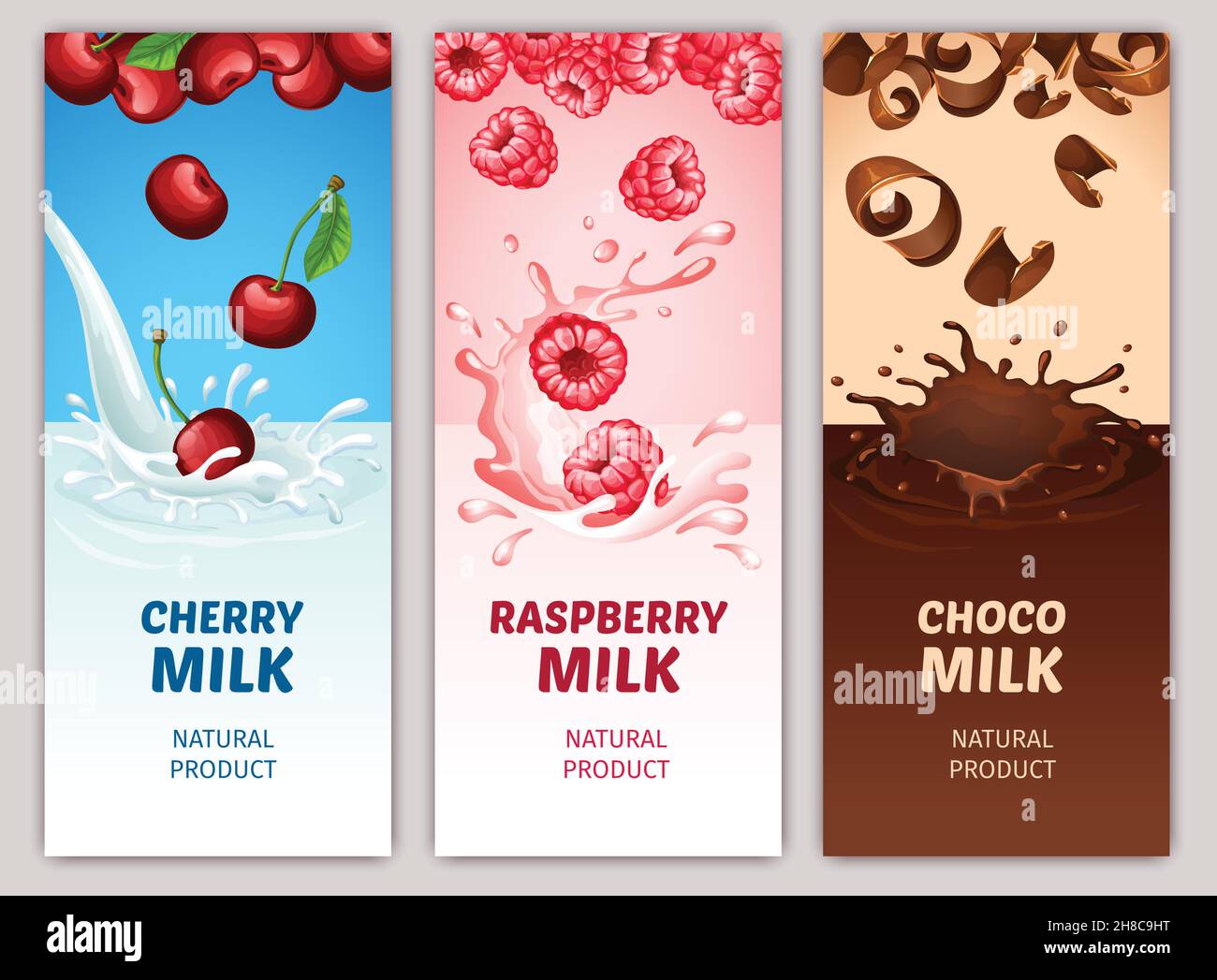 Cartoon dairy products vertical banners with cherry raspberry and ...