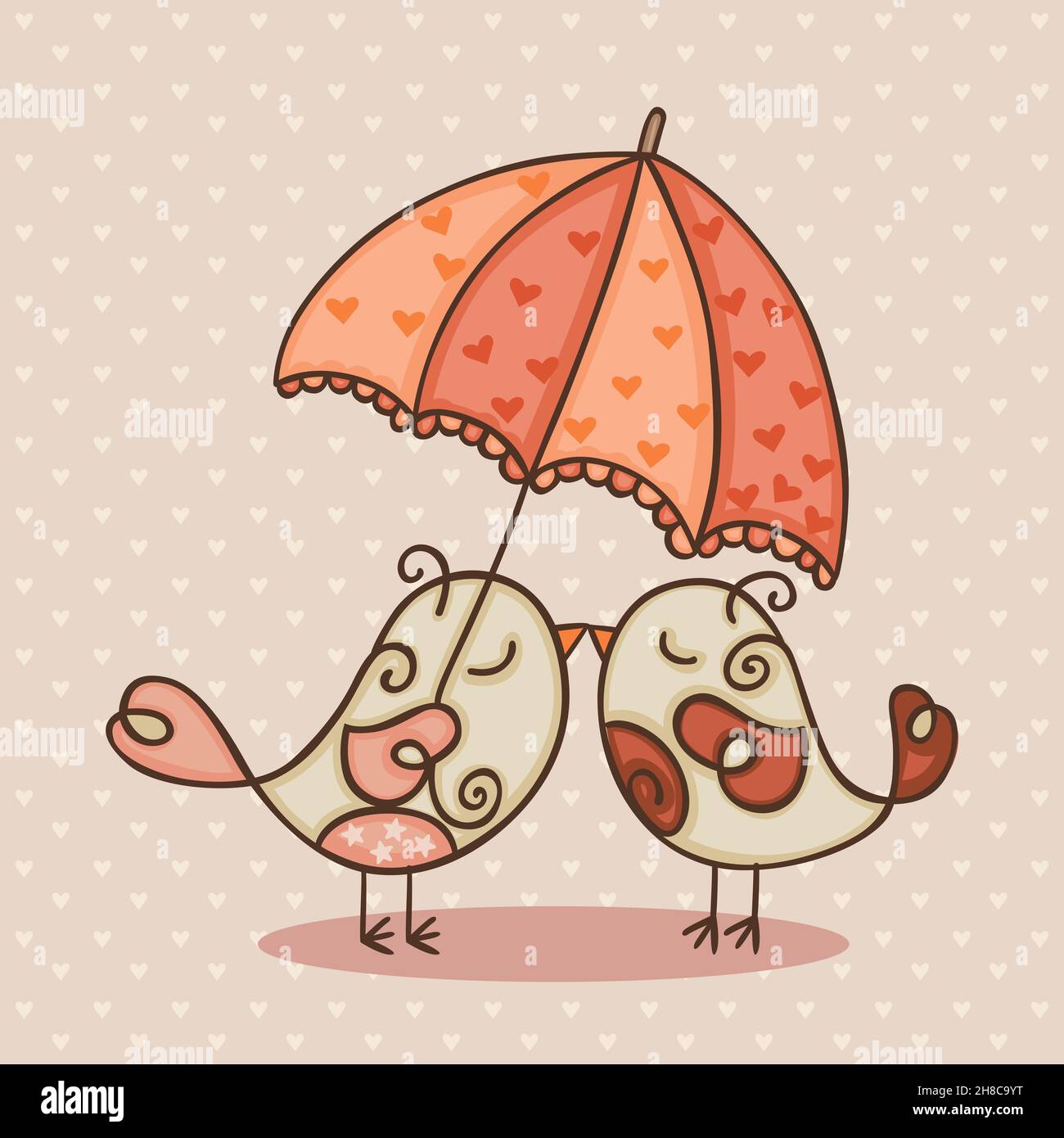 Greeting card with cute couple birds holding a umbrella Stock Photo - Alamy