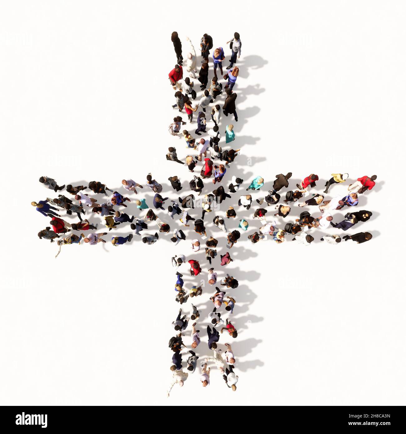 Concept or conceptual large community of people forming the + font. 3d ...