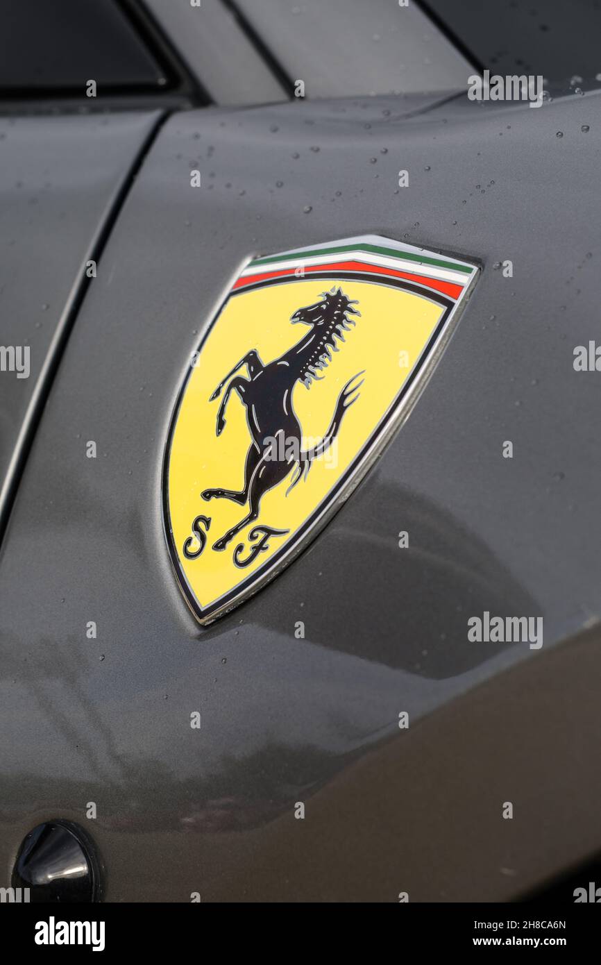 Close up detail of on a metalic grey Ferrari 488 GTB classic Italian ...