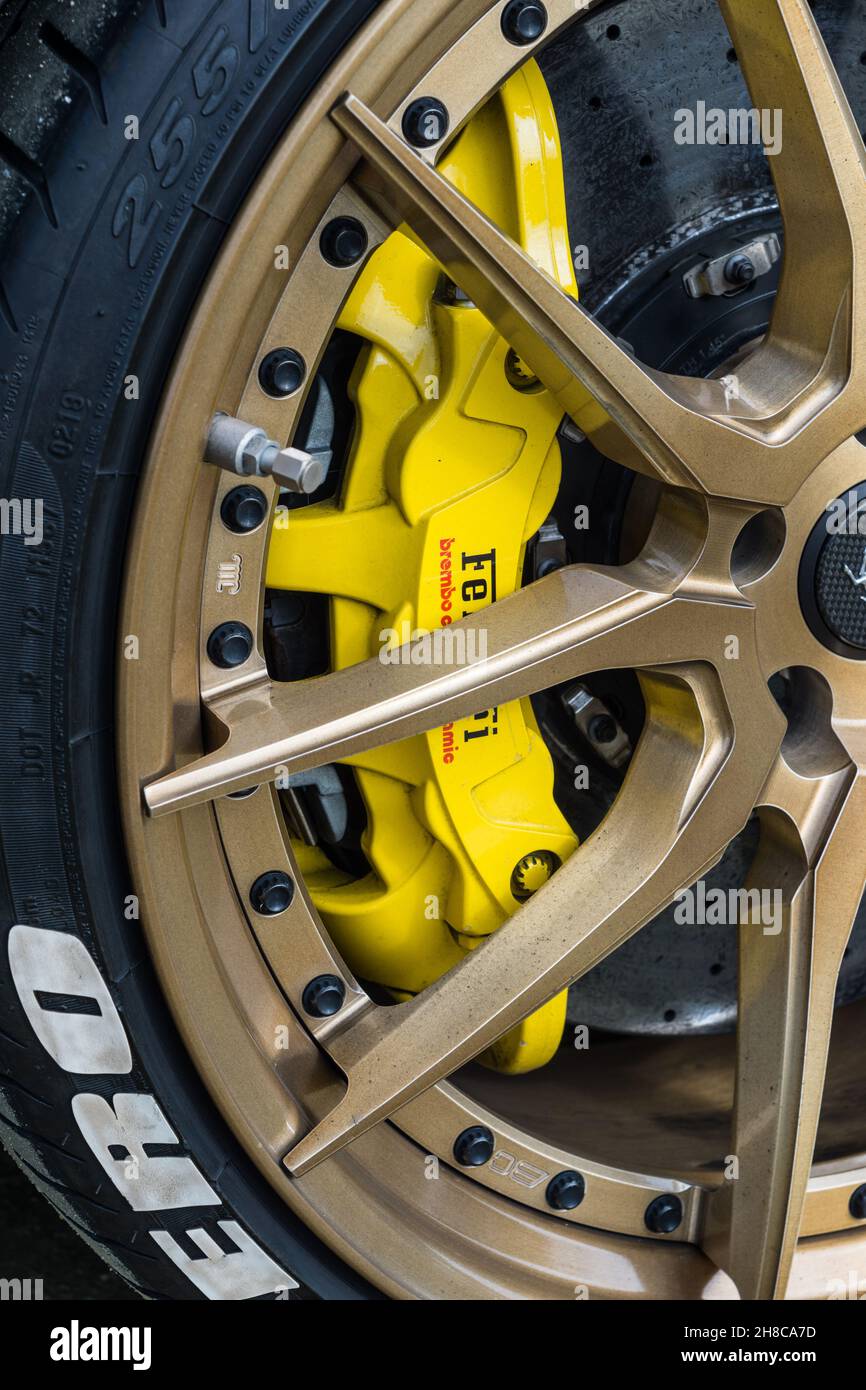 Close up detail of on a metalic grey Ferrari 488 GTB classic Italian ...