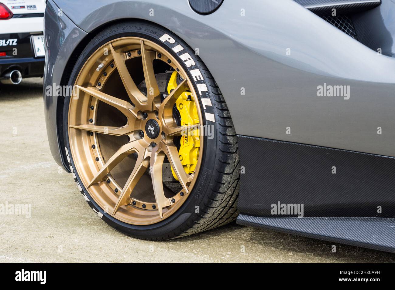 Close up detail of on a metalic grey Ferrari 488 GTB classic Italian ...