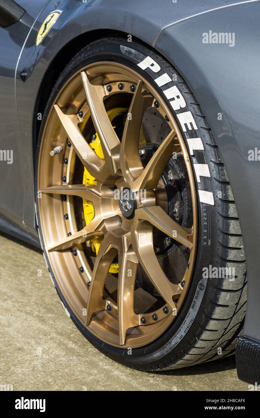 Close up detail of on a metalic grey Ferrari 488 GTB classic Italian ...