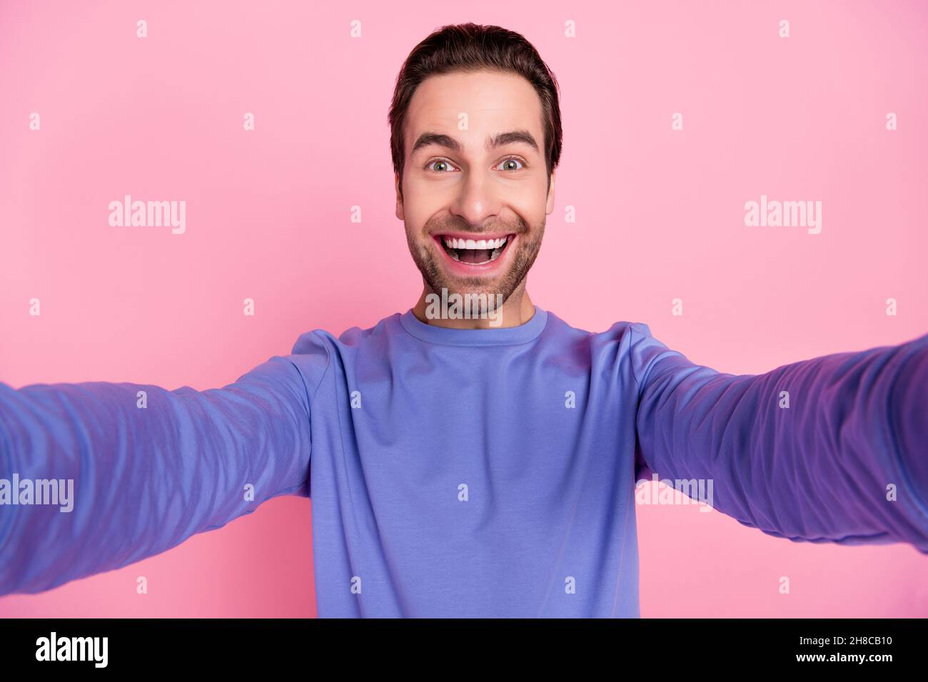 Photo of beard cool hooray guy do selfie wear blue pullover isolated on ...
