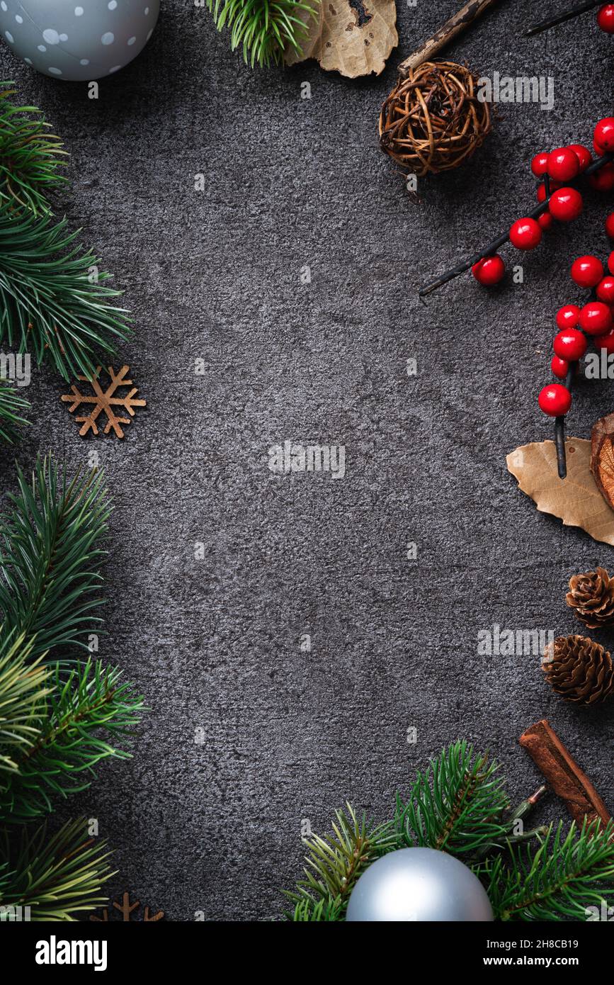 Top view of Christmas background design concept with fir tree branch ...