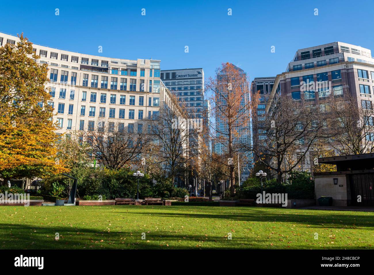Westferry Circus park, Canary Wharf financial district on the Isle of ...