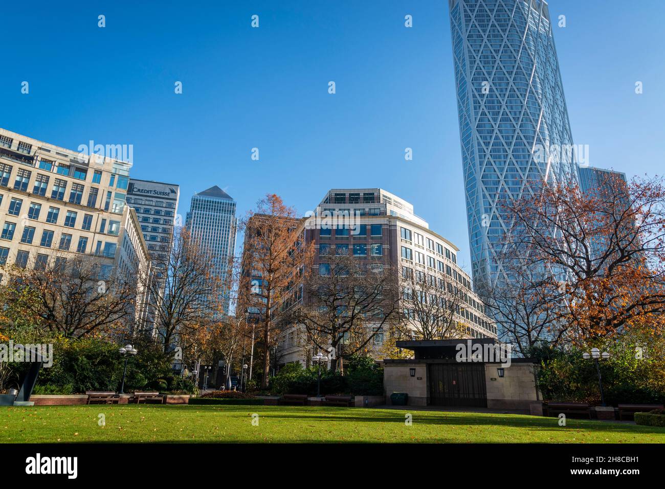 Westferry Circus park, Canary Wharf financial district on the Isle of ...