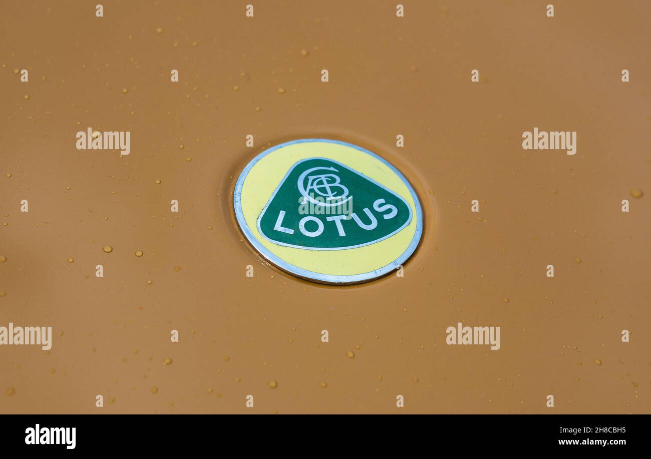 Close up detail of the logo name badge emblem on a Bahama yellow Lotus ...