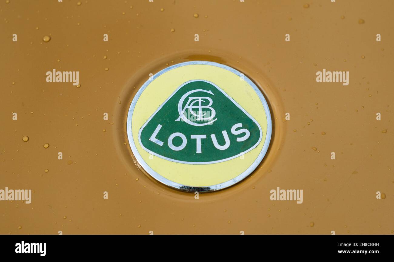 Close up detail of the logo name badge emblem on a Bahama yellow Lotus ...