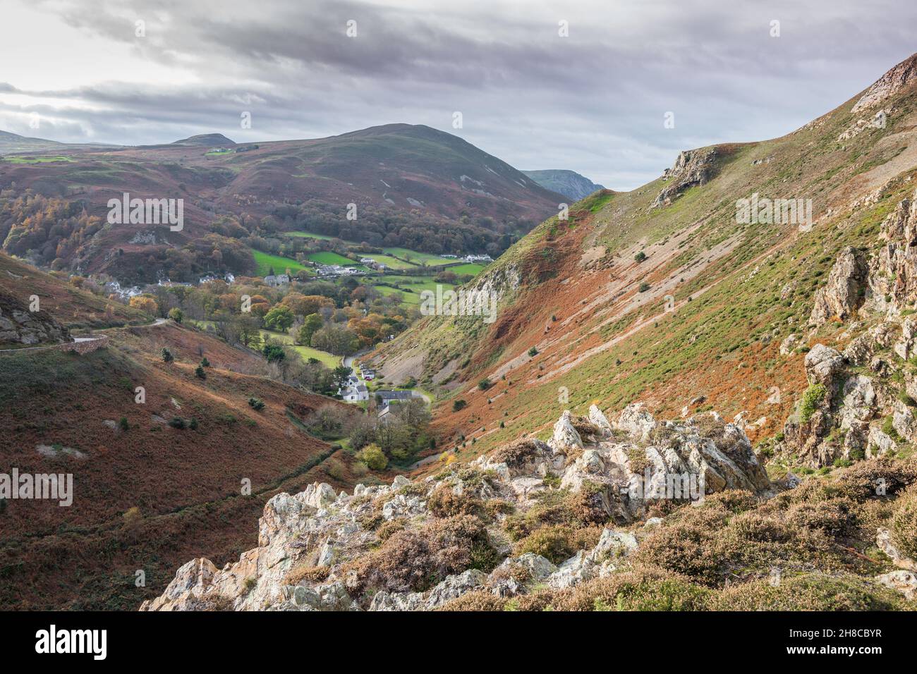 View over the Welsh village of Capelulo from the top of Sychnant pass ...
