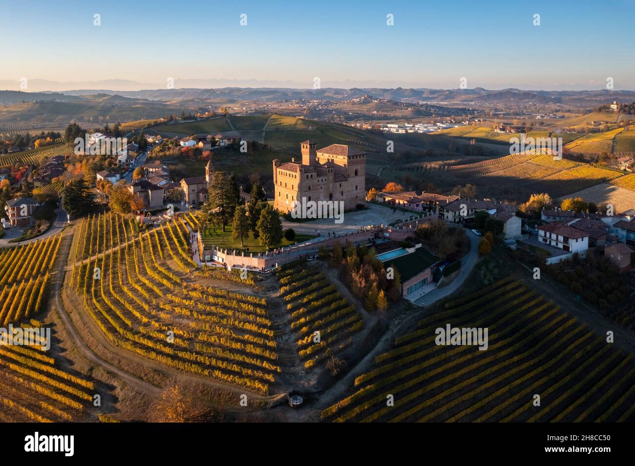 Aerial view of the medieval Castello di Grinzane Cavour. Grinzane ...