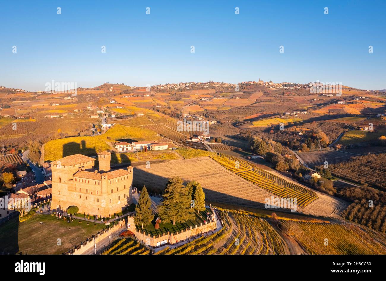 Aerial view of the medieval Castello di Grinzane Cavour. Grinzane ...