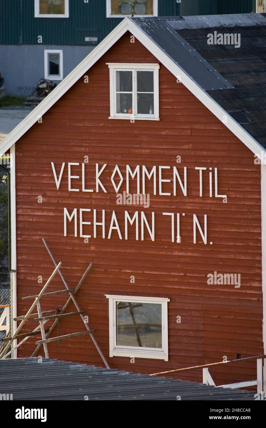 welcome greeting on a cladding, Norway, Mehamn Stock Photo - Alamy