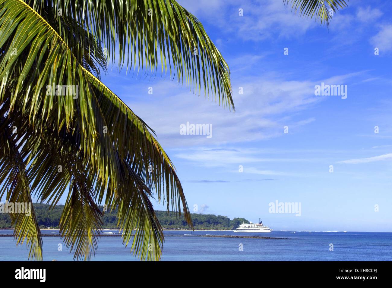 Cruise ship lying in front of a dream beach in Western Samoa, Samoa ...
