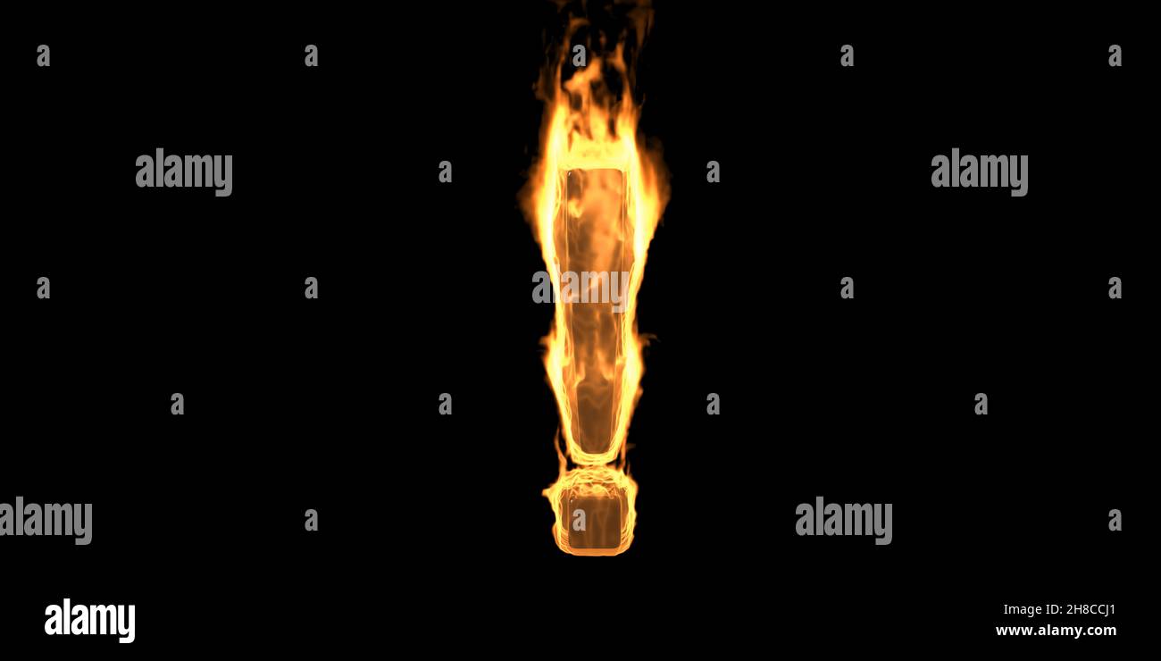 Burning Exclamation point. Fire flame warning symbol with smoke and ...