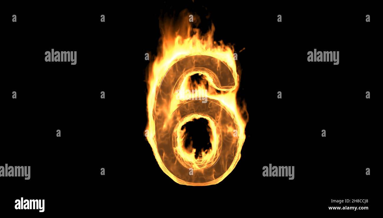 Fire number 6 six, flaming burn font. Burning flame text with smoke and ...