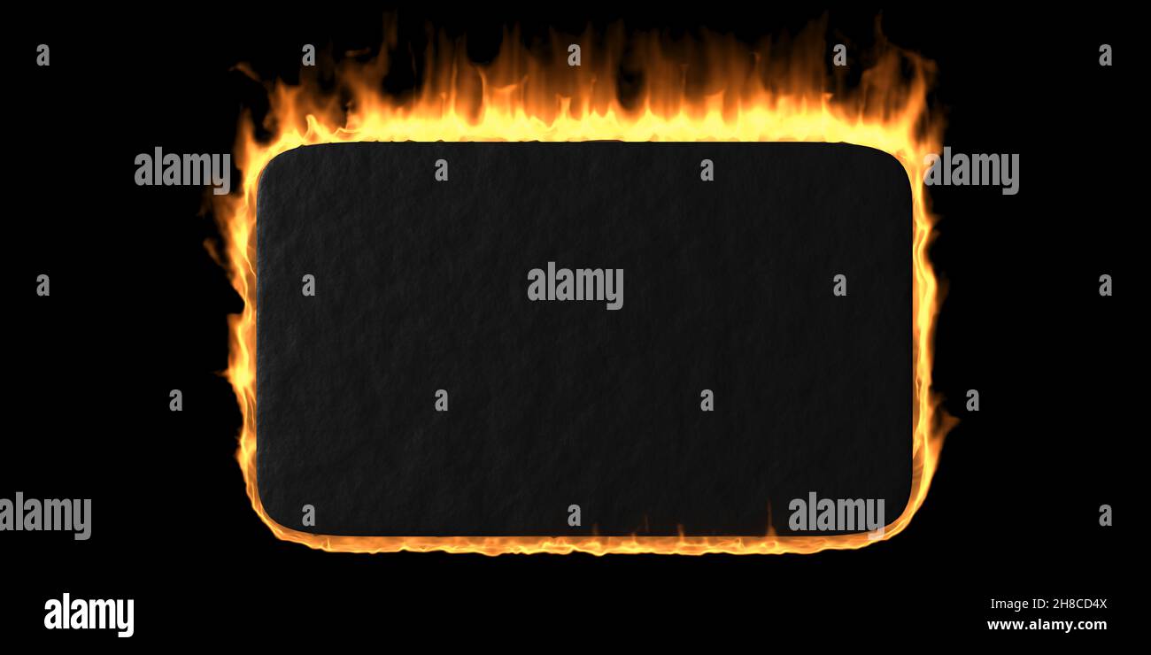 Empty fire frame glowing, Blank rectangle sign on black background ...