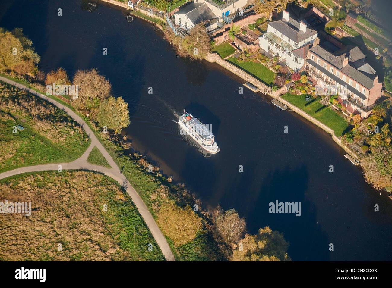 An aerial view of a tourist boat on the River Dee, Chester, north West ...