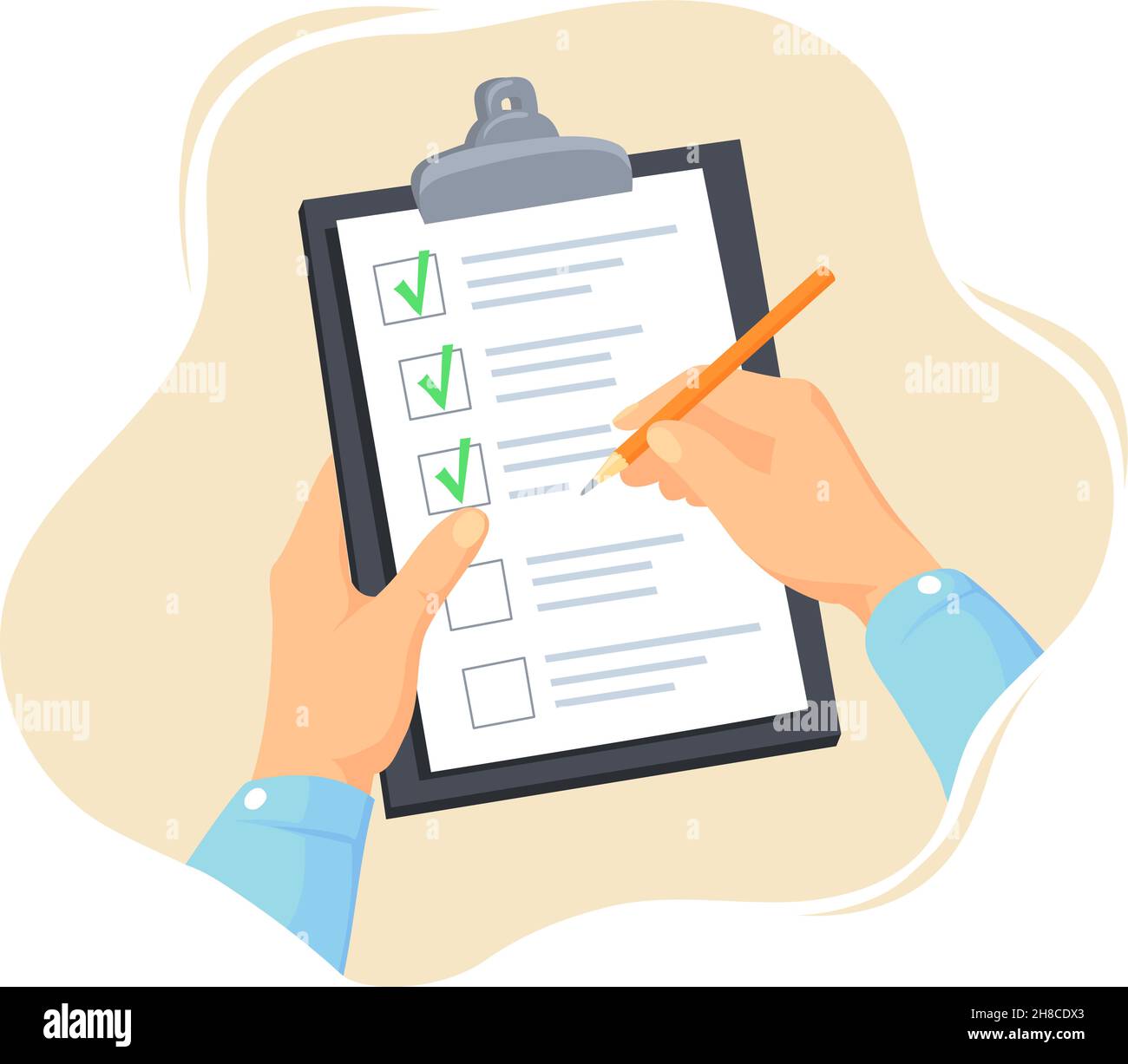 Hands holding checklist. Clipboard with paper list, hand tick pen ...