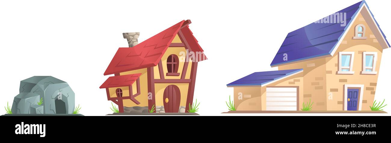 House evolution. Modern cottage, antique and medieval houses, stone age ...