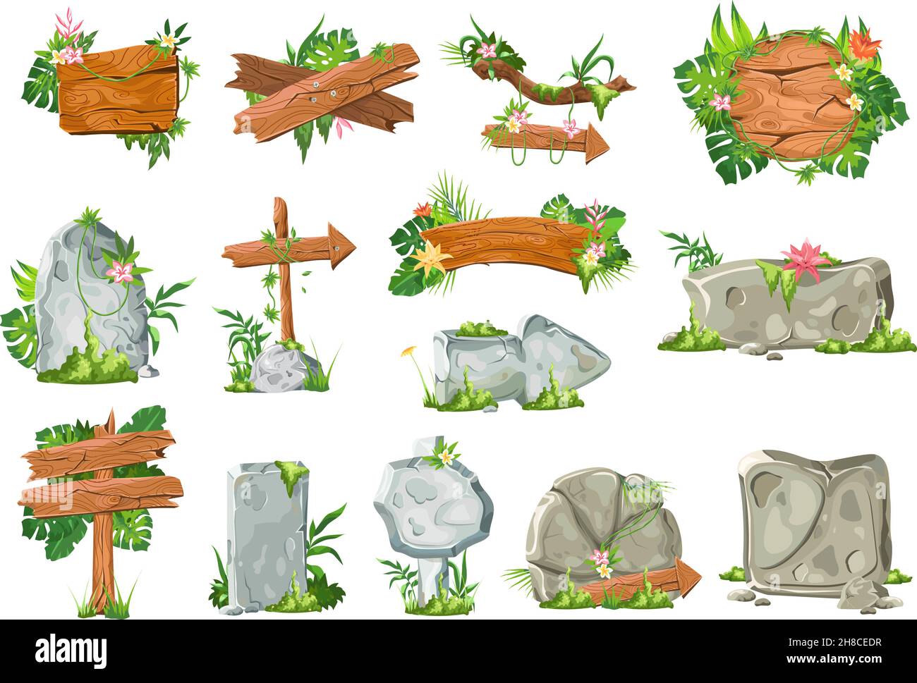 Jungle stone signs. Cartoon game wood board, bamboo with tropical liana, sign frame arrow panel ...