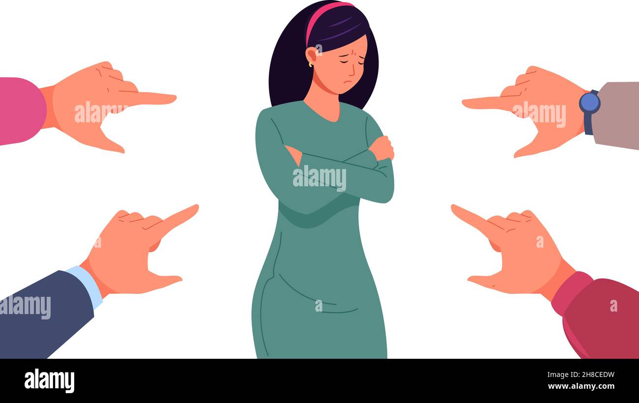 Hands blame girl. Bullying shamed sad woman, abused finger arm child ...