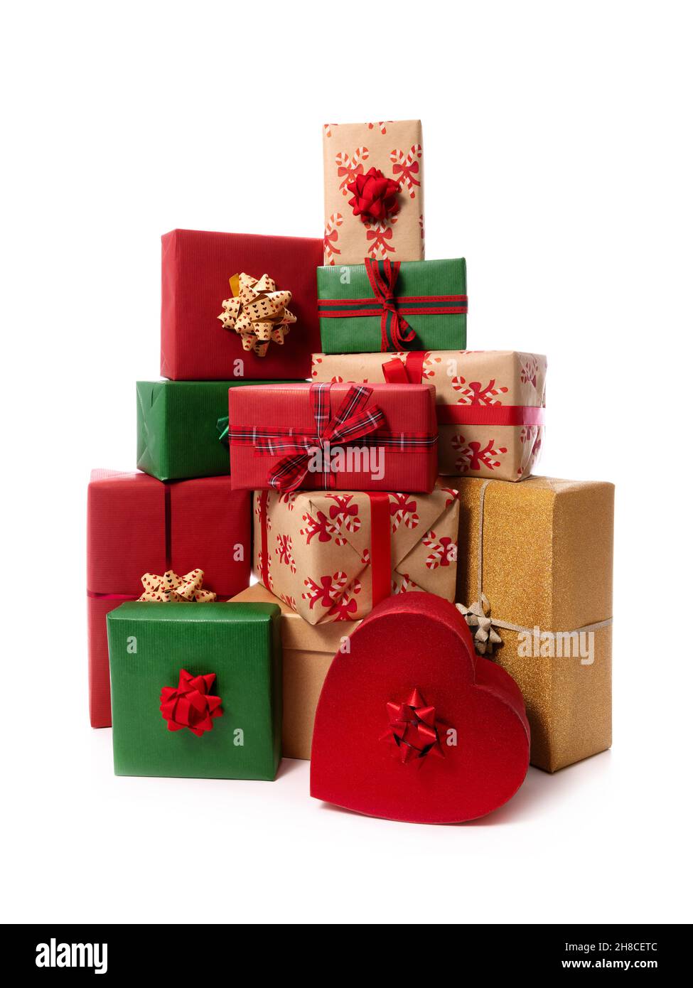 stack of christmas gifts isolated on white background Stock Photo - Alamy