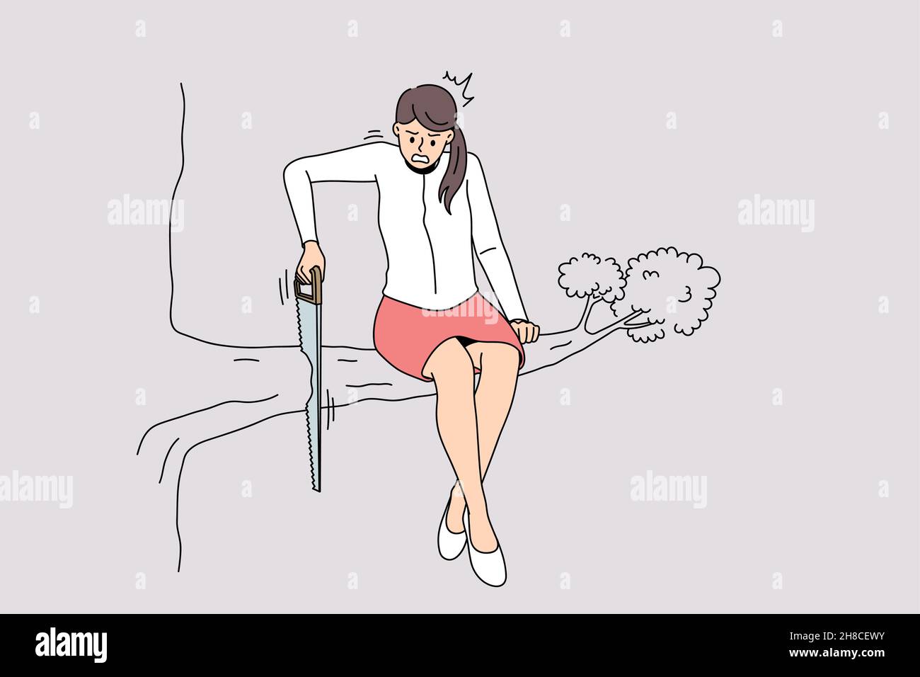 Unhappy young businesswoman sit on tree cut branch she sitting on ...